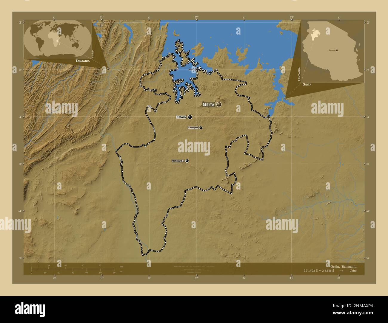 Geita, region of Tanzania. Colored elevation map with lakes and rivers ...