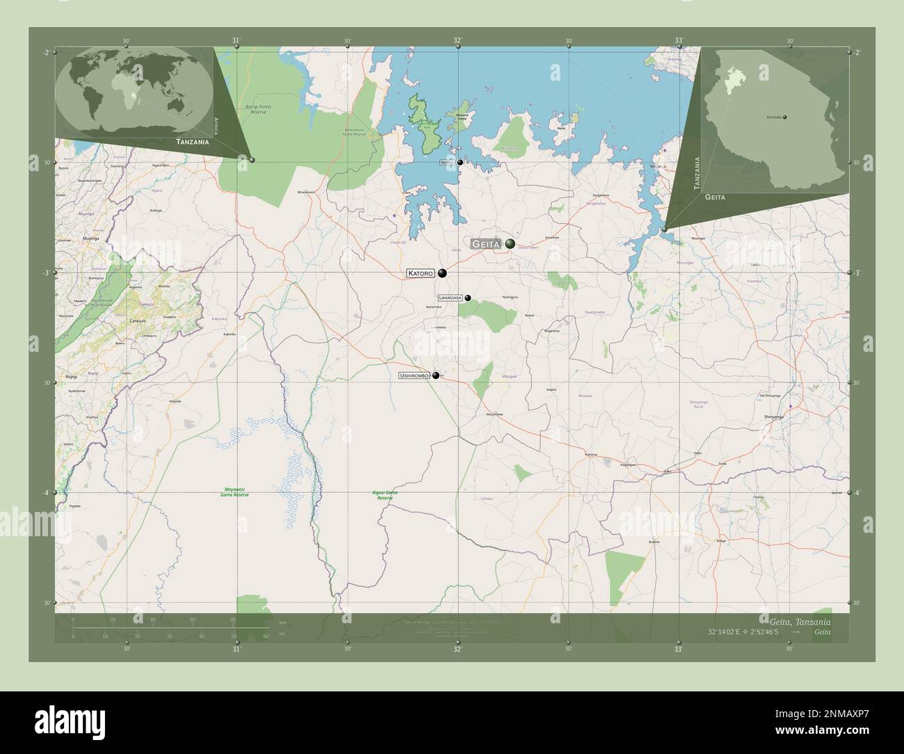 Geita, region of Tanzania. Open Street Map. Locations and names of ...