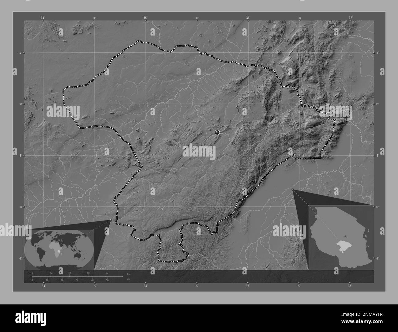 Iringa, region of Tanzania. Bilevel elevation map with lakes and rivers ...