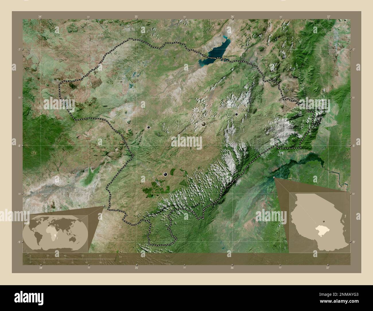 Iringa, region of Tanzania. High resolution satellite map. Locations of ...