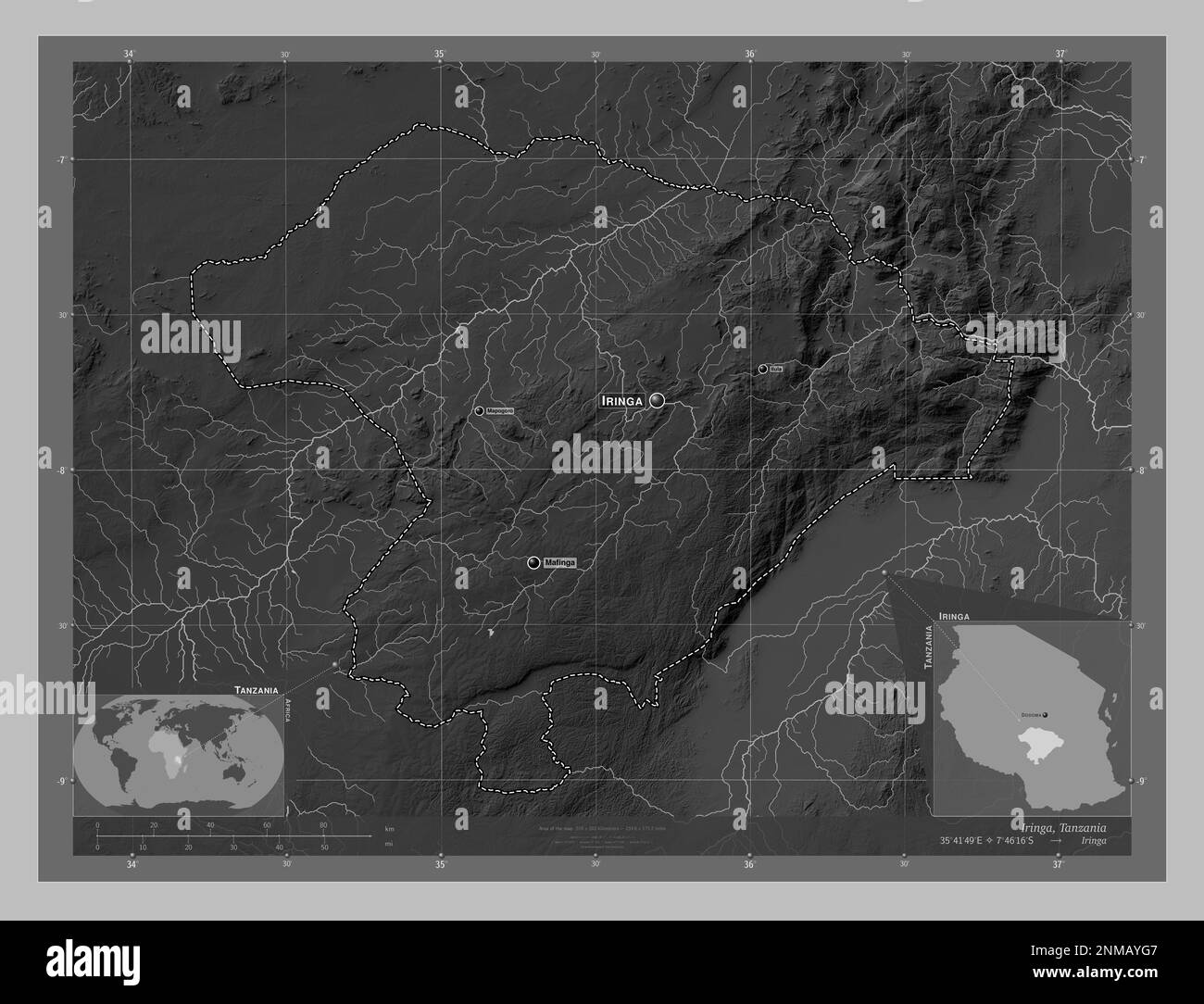 Iringa, region of Tanzania. Grayscale elevation map with lakes and ...