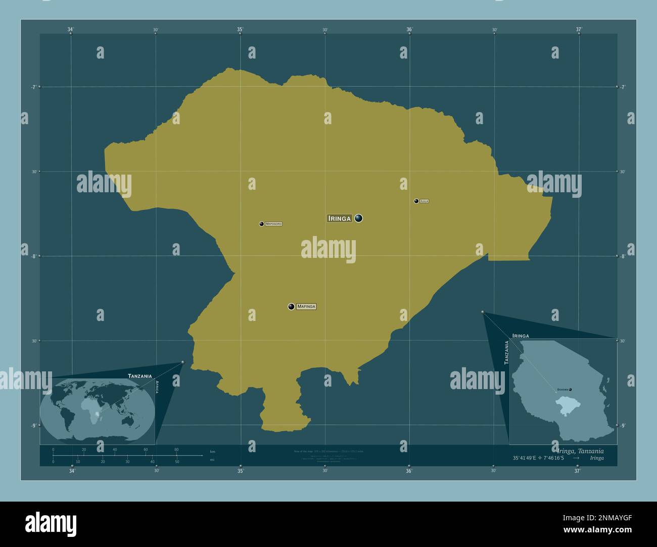 Iringa, region of Tanzania. Solid color shape. Locations and names of ...