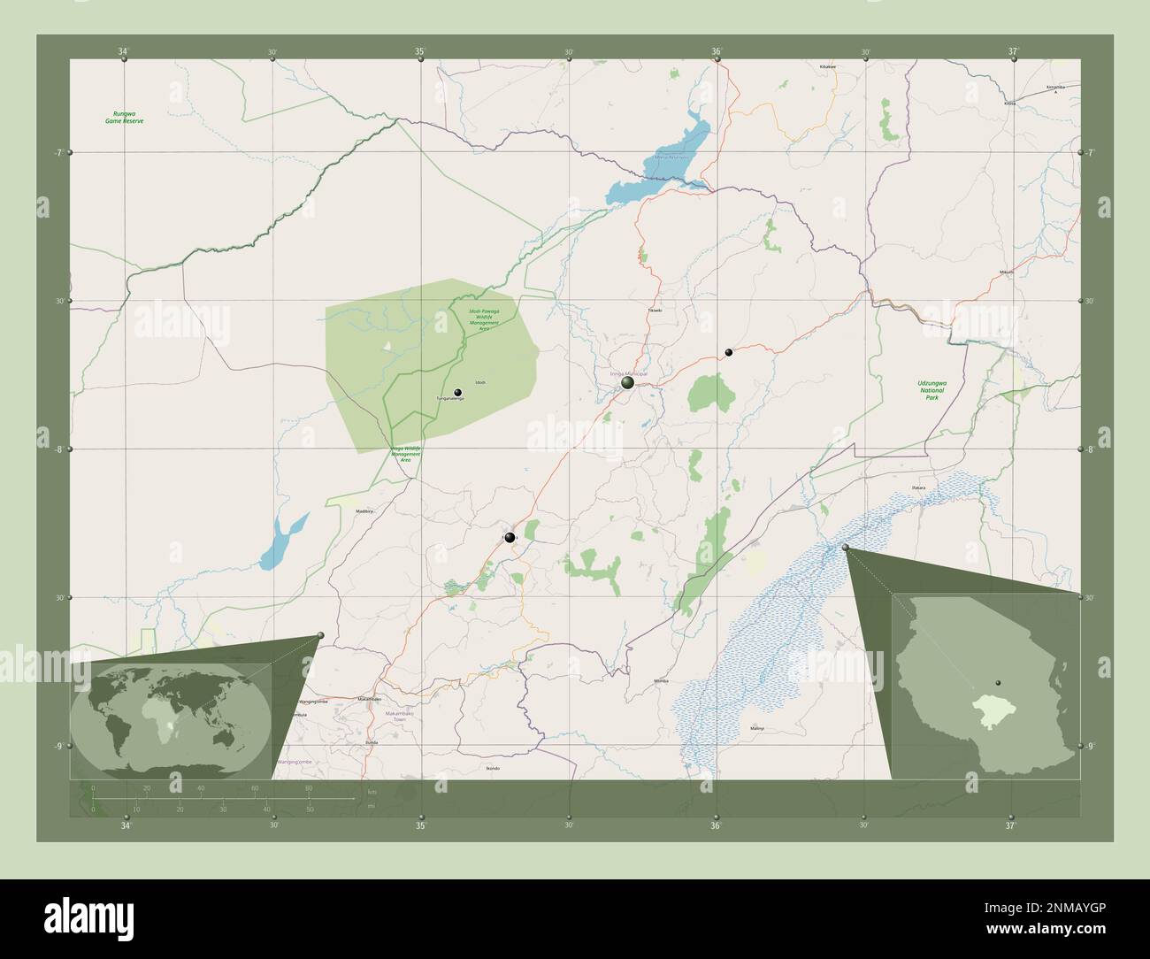 Iringa, region of Tanzania. Open Street Map. Locations of major cities ...