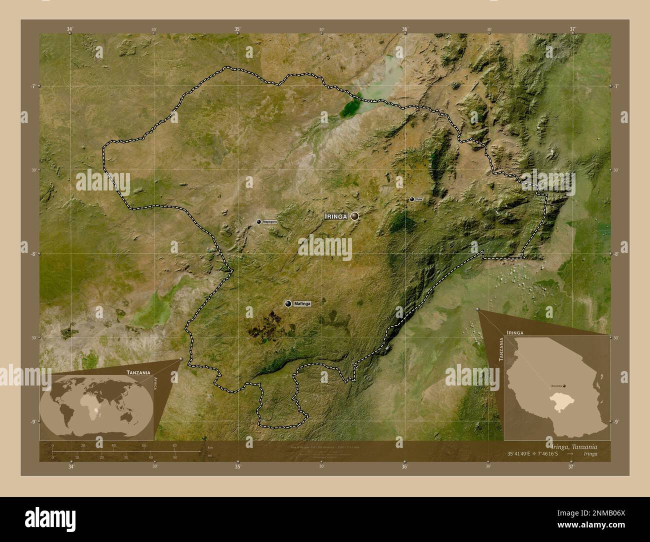 Iringa, region of Tanzania. Low resolution satellite map. Locations and ...