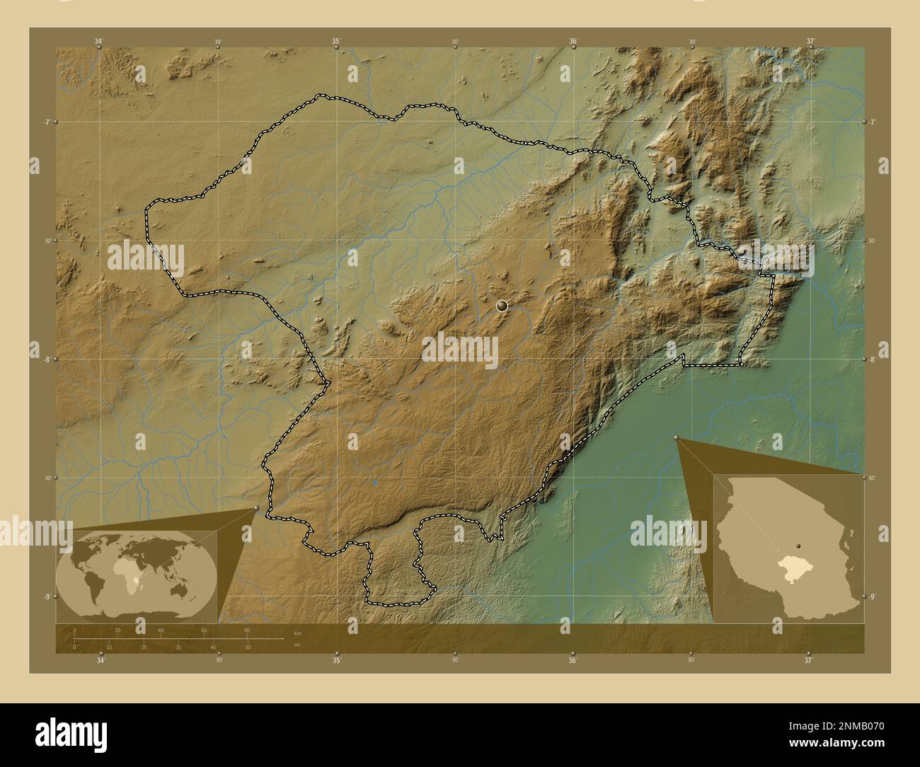Iringa, region of Tanzania. Colored elevation map with lakes and rivers ...