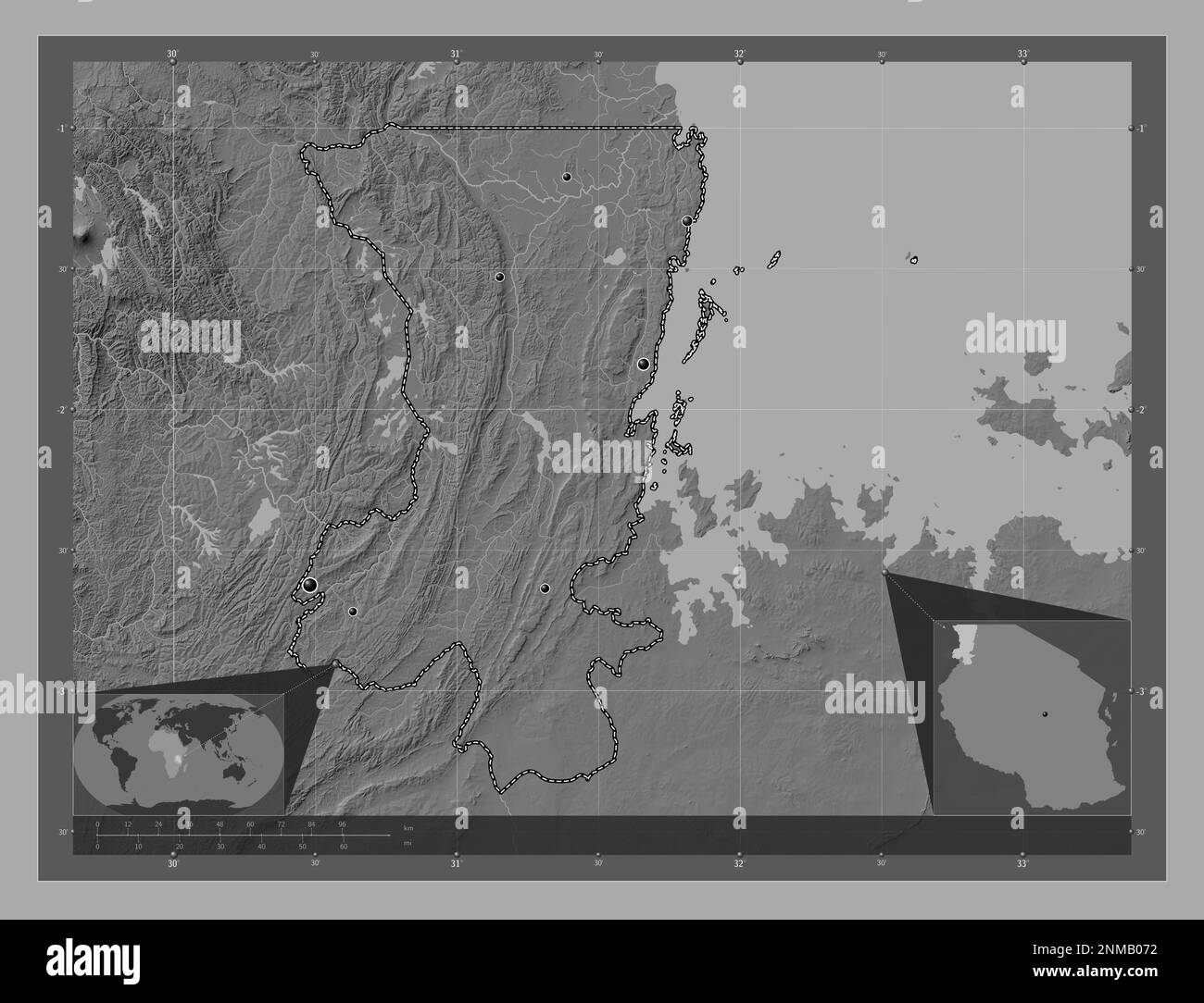 Kagera, region of Tanzania. Bilevel elevation map with lakes and rivers ...