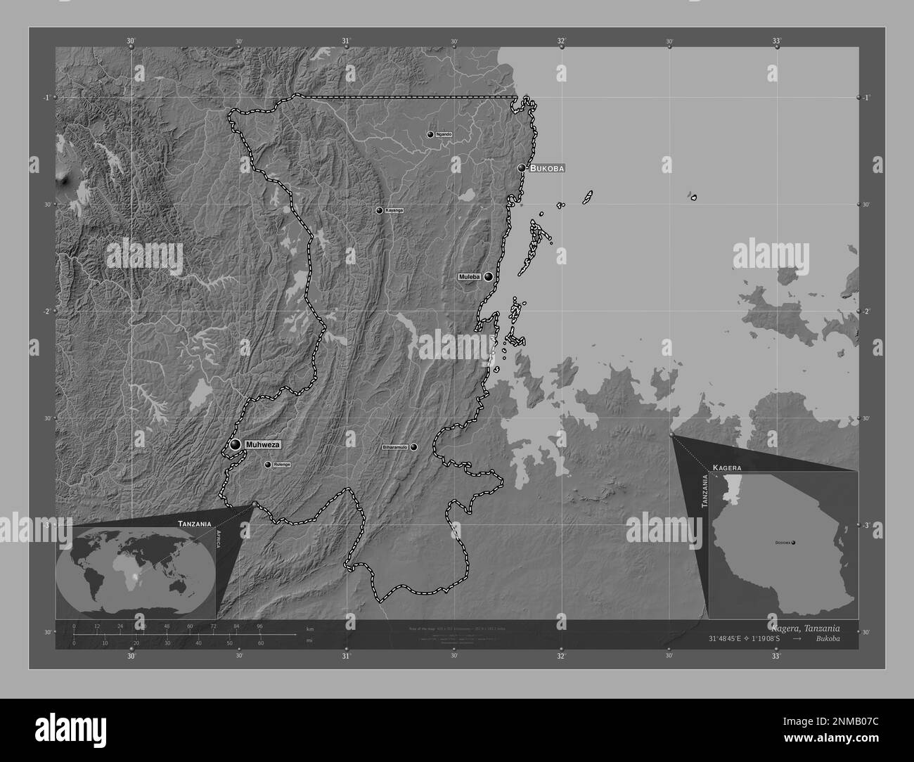 Kagera, region of Tanzania. Bilevel elevation map with lakes and rivers ...