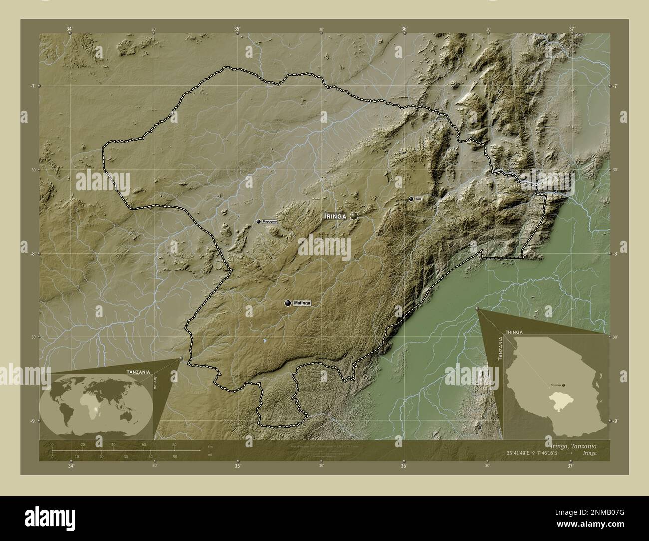 Iringa, region of Tanzania. Elevation map colored in wiki style with ...