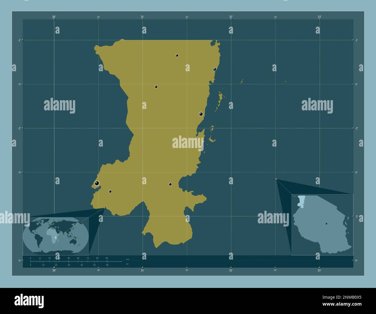 Kagera, region of Tanzania. Solid color shape. Locations of major ...