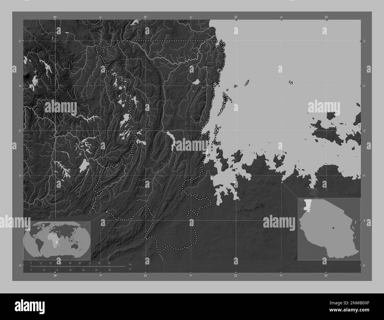 Kagera, region of Tanzania. Grayscale elevation map with lakes and ...