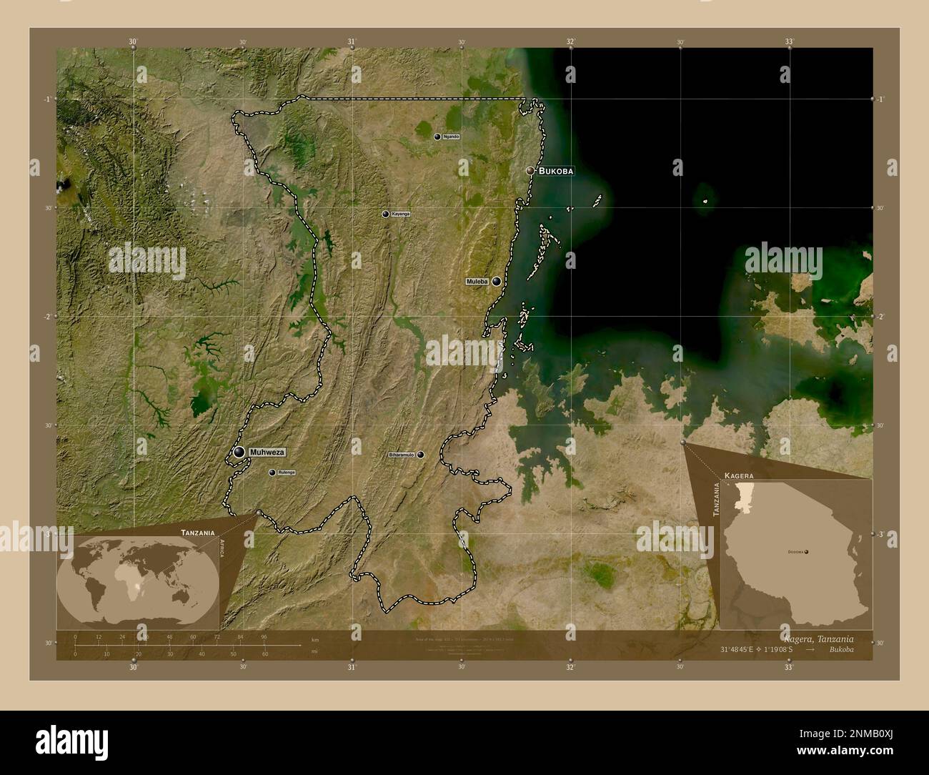 Kagera, region of Tanzania. Low resolution satellite map. Locations and ...