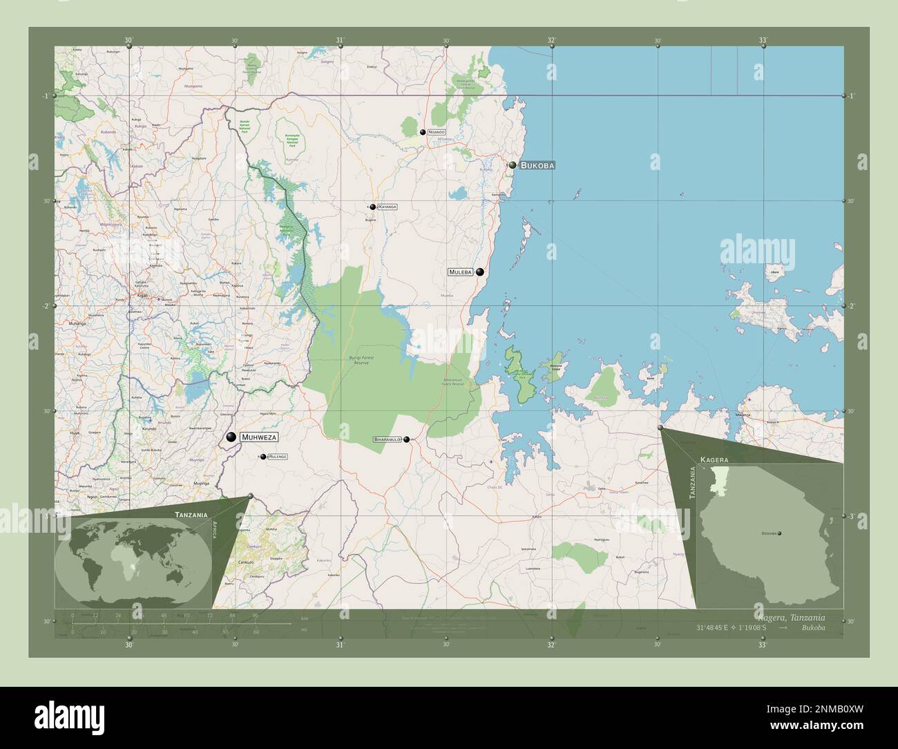 Kagera, region of Tanzania. Open Street Map. Locations and names of ...