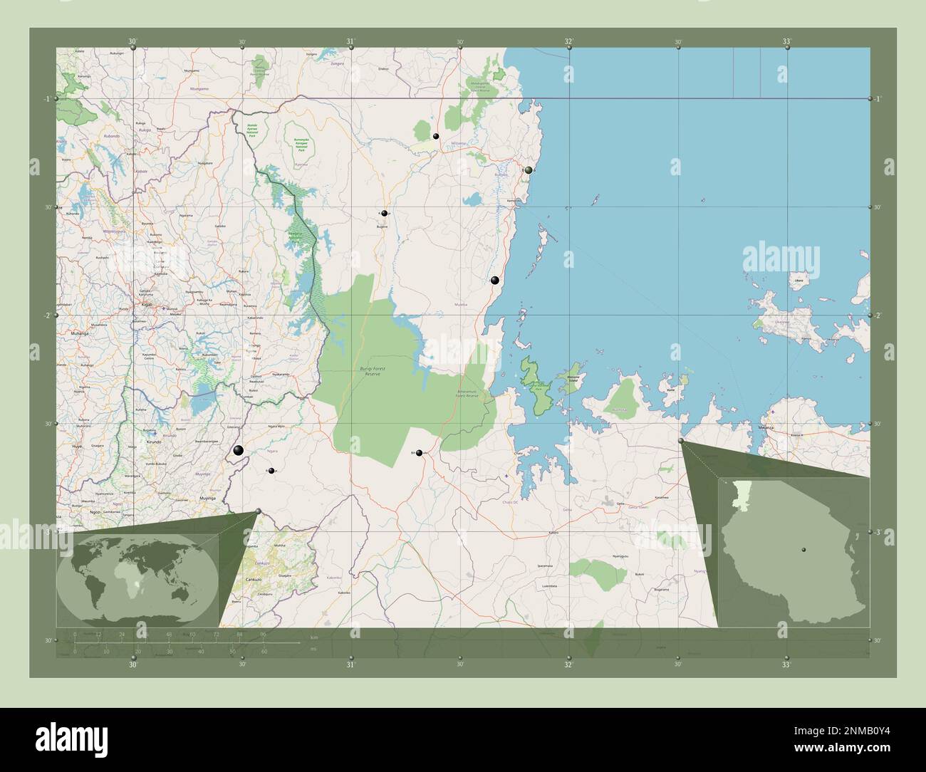 Kagera, region of Tanzania. Open Street Map. Locations of major cities ...