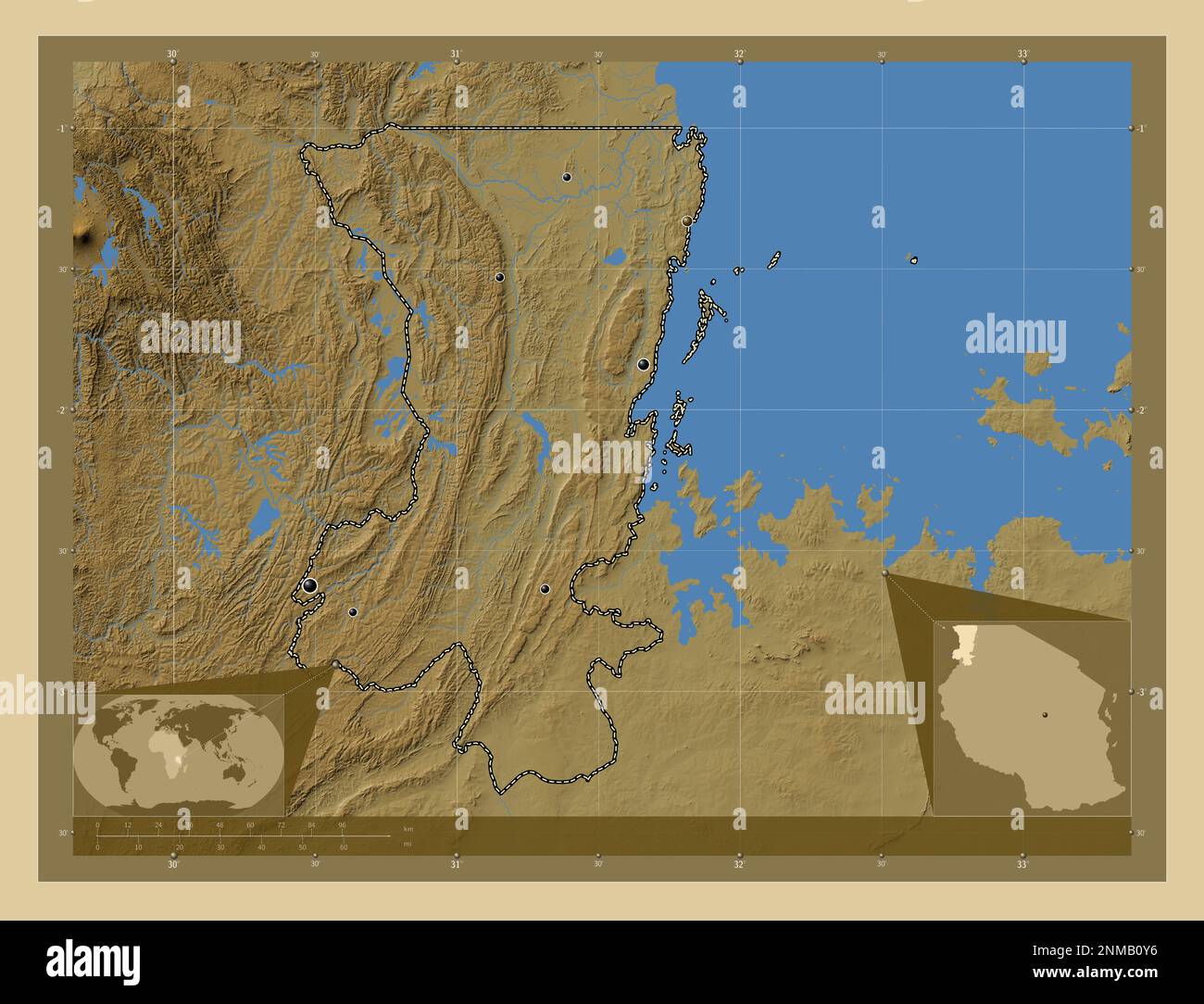 Kagera, region of Tanzania. Colored elevation map with lakes and rivers ...