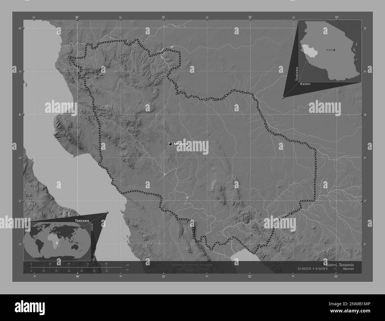 Katavi, region of Tanzania. Bilevel elevation map with lakes and rivers ...