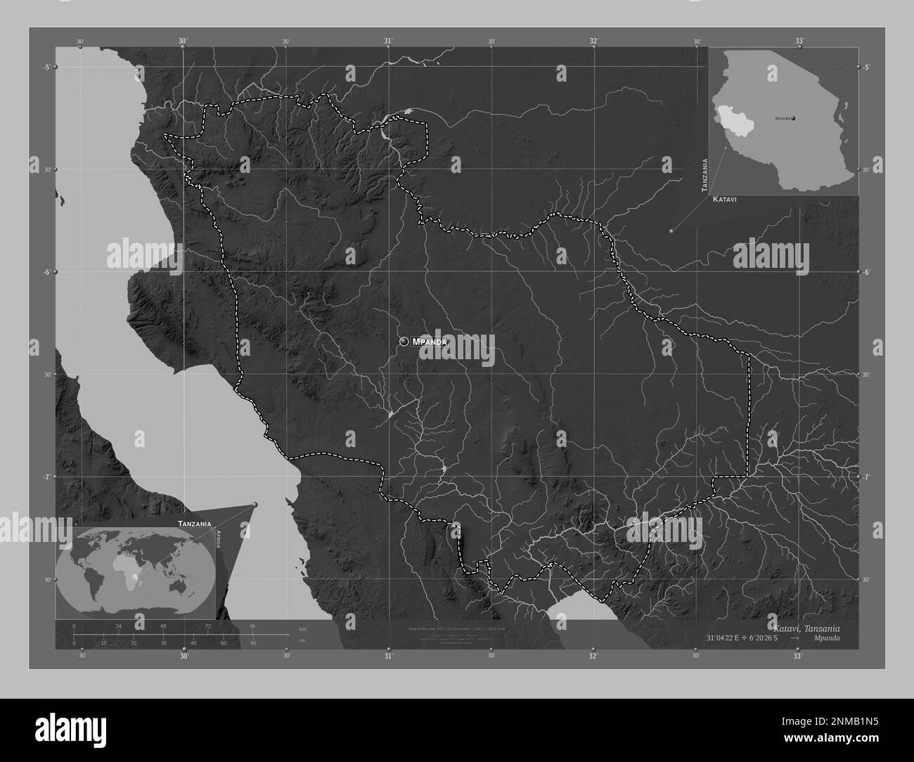 Katavi, region of Tanzania. Grayscale elevation map with lakes and ...