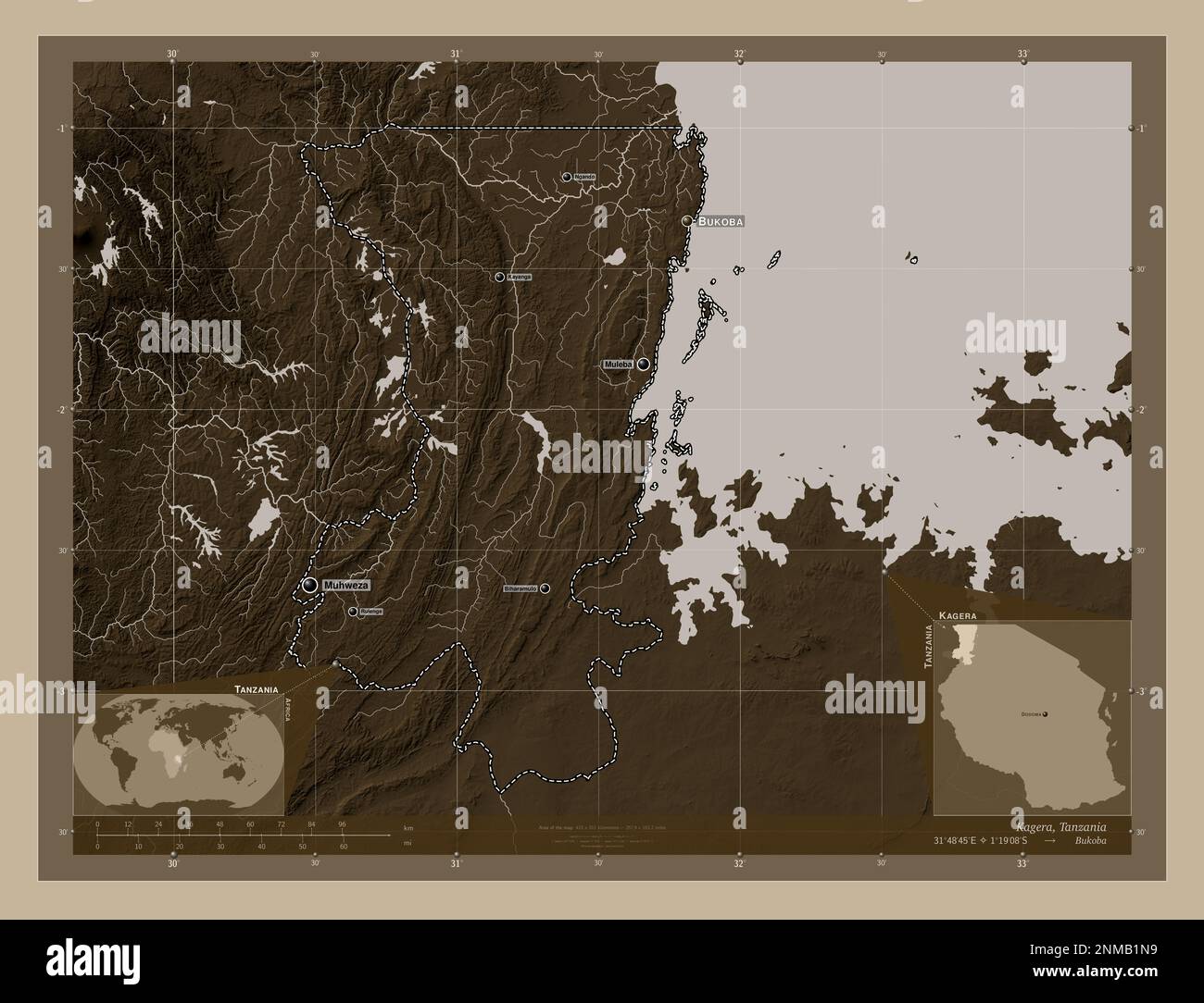 Kagera, region of Tanzania. Elevation map colored in sepia tones with ...