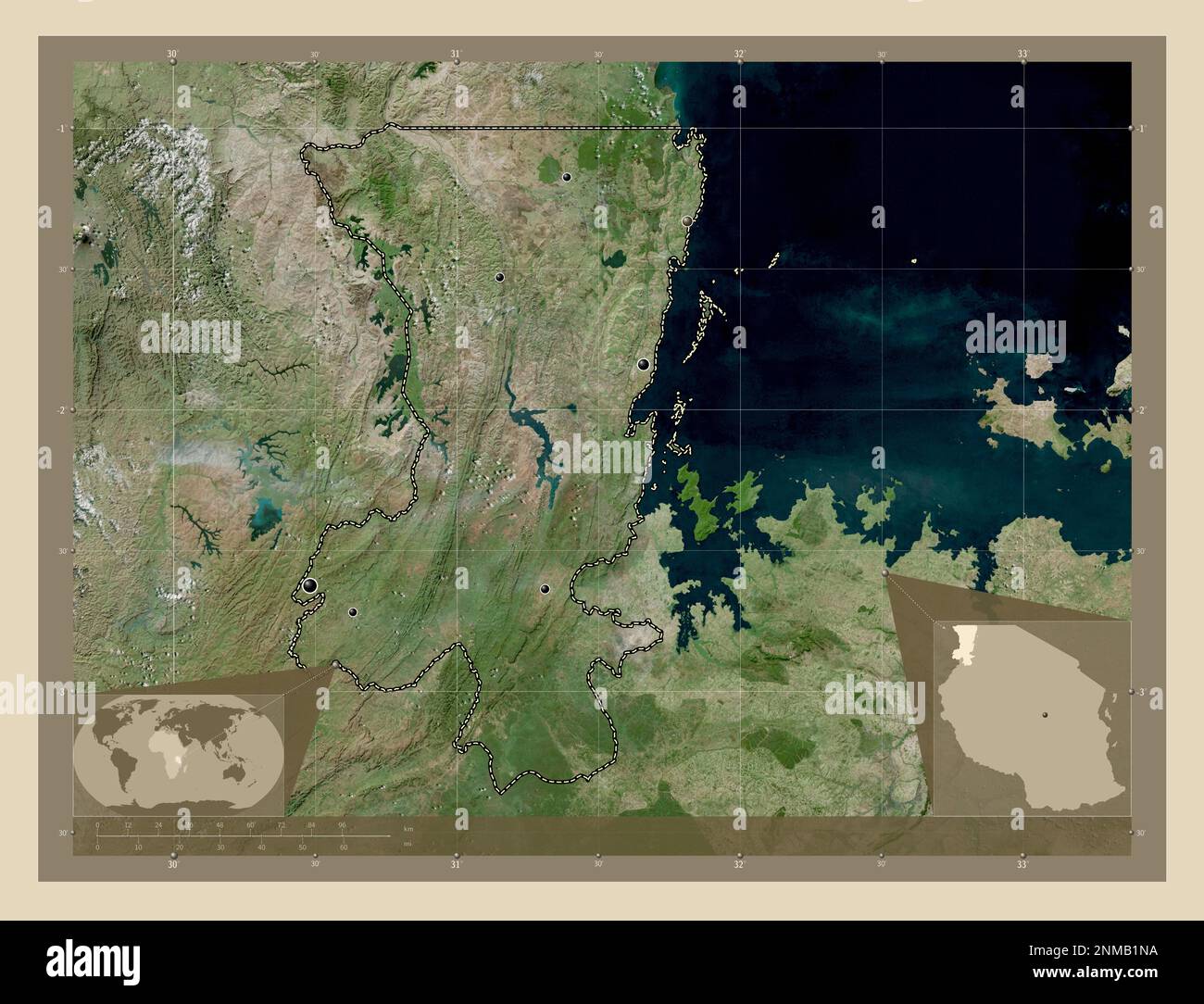 Kagera, region of Tanzania. High resolution satellite map. Locations of ...
