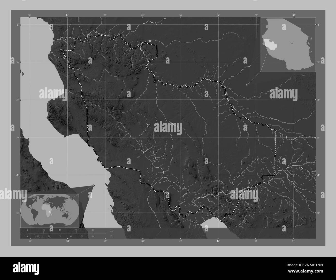 Katavi, region of Tanzania. Grayscale elevation map with lakes and ...