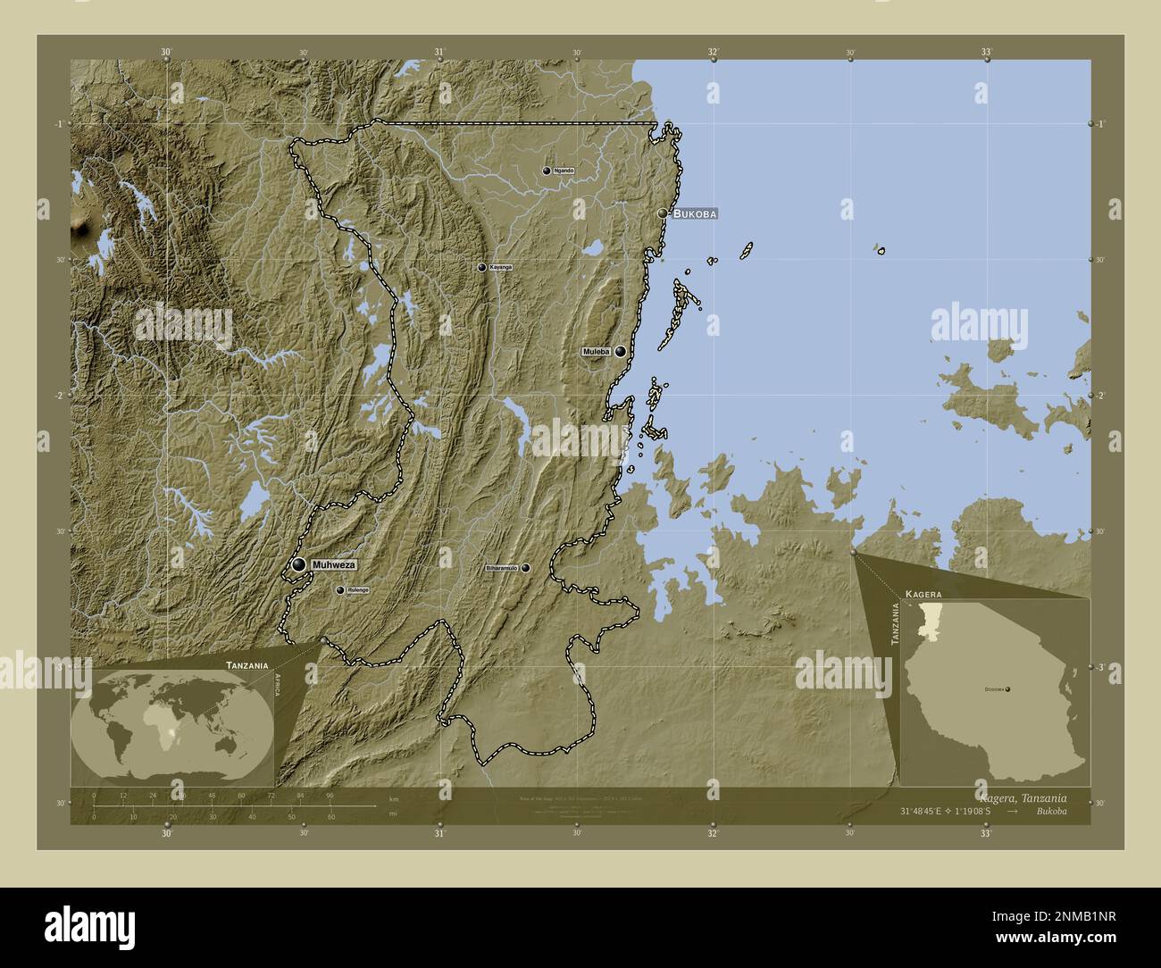 Kagera, region of Tanzania. Elevation map colored in wiki style with ...