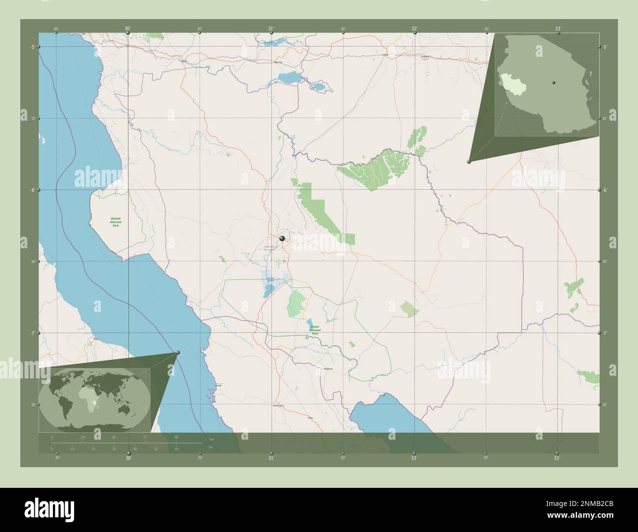 Katavi, region of Tanzania. Open Street Map. Locations of major cities ...
