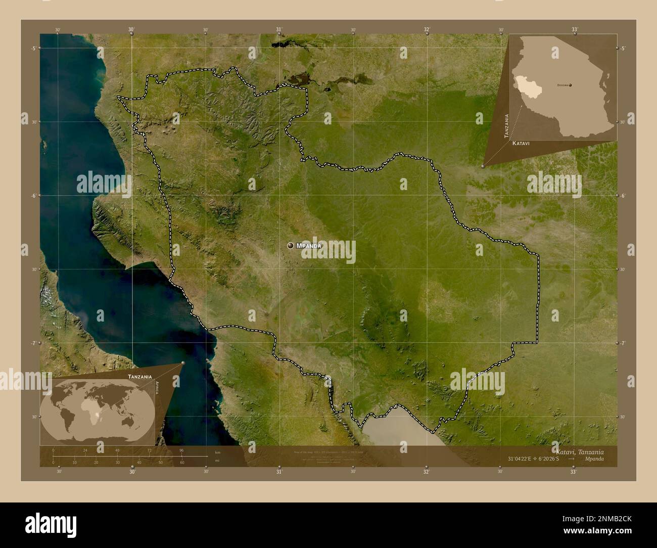 Katavi, region of Tanzania. Low resolution satellite map. Locations and ...