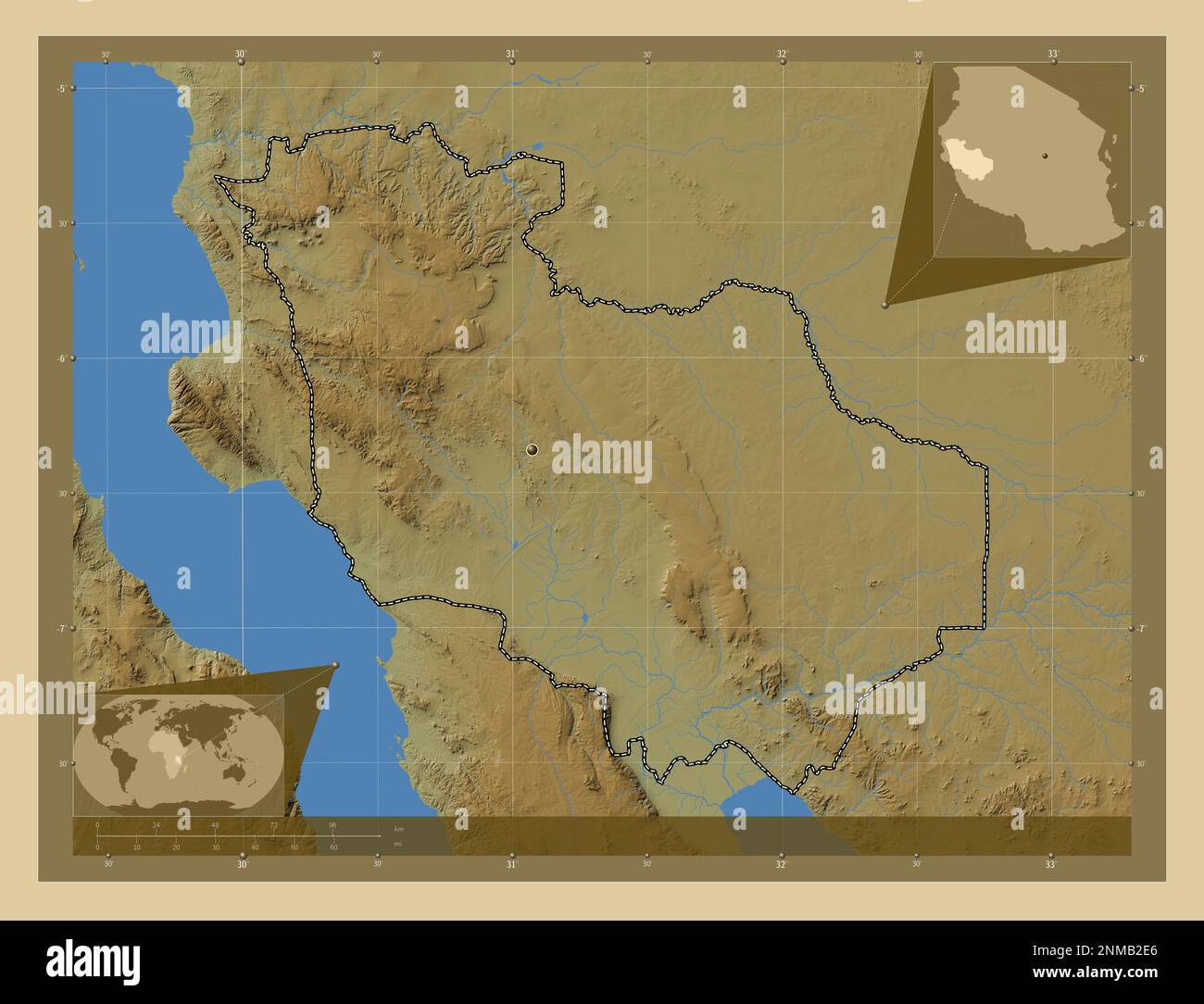Katavi, region of Tanzania. Colored elevation map with lakes and rivers ...
