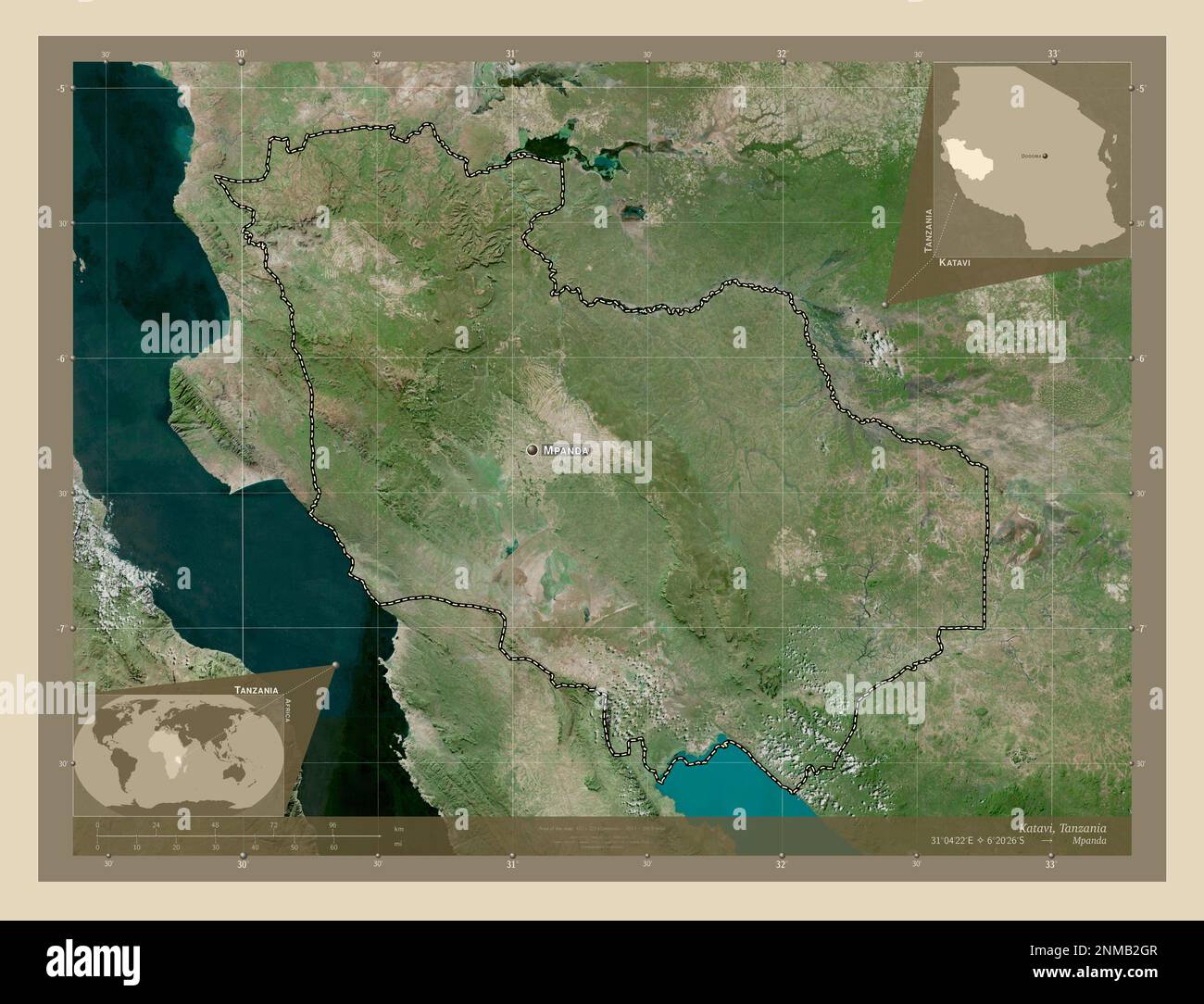 Katavi, region of Tanzania. High resolution satellite map. Locations ...