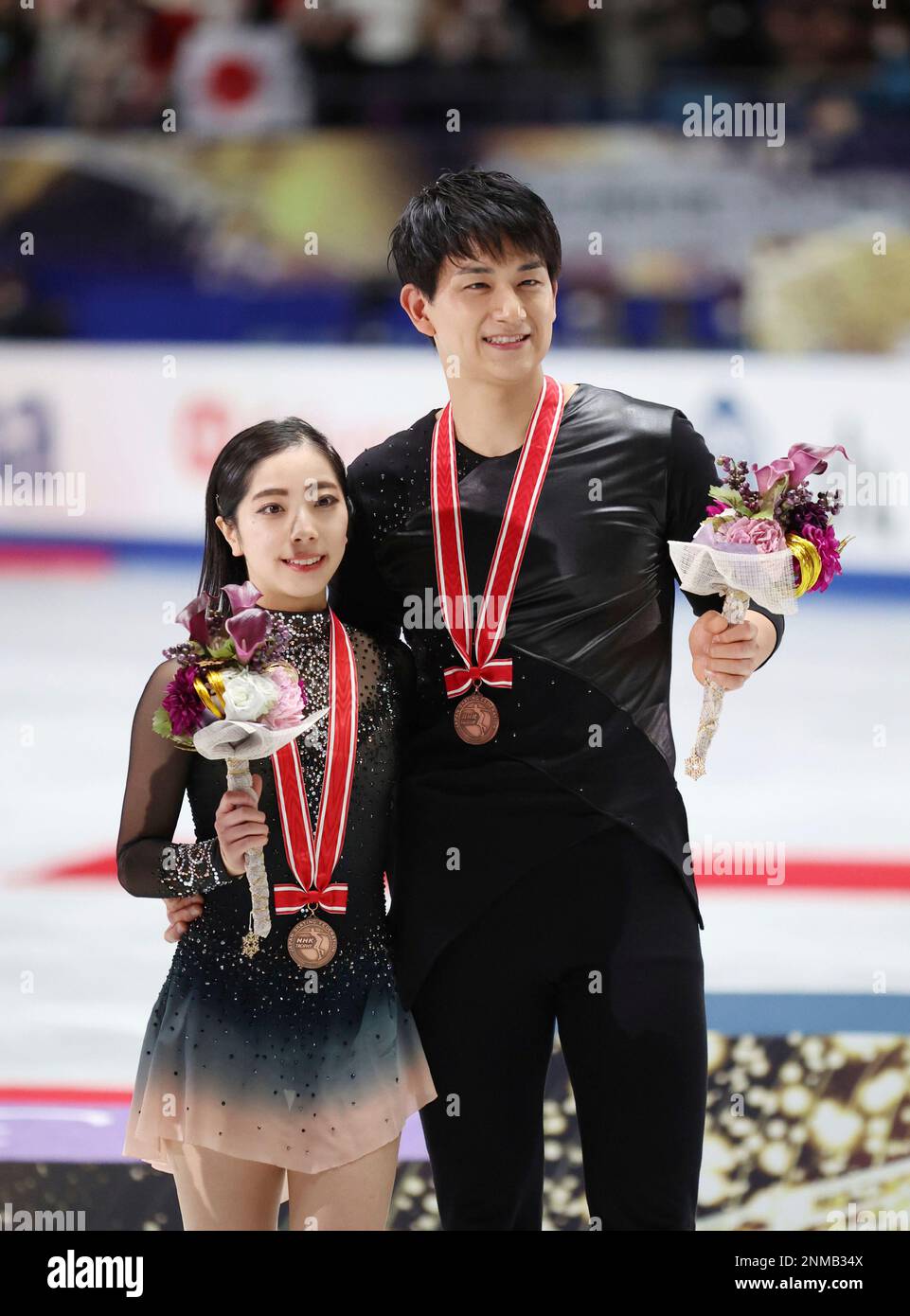 Japanese Riku Miura and Ryuichi Kihara perform during the Pairs Free at Yoyogi National Stadium ...