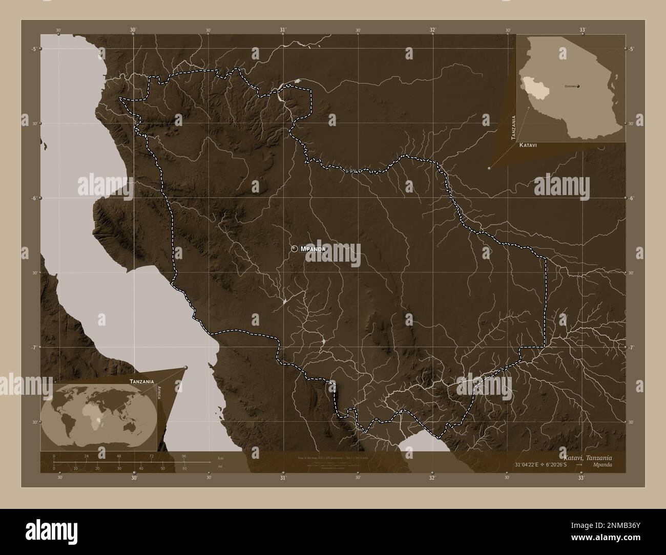 Katavi, region of Tanzania. Elevation map colored in sepia tones with ...