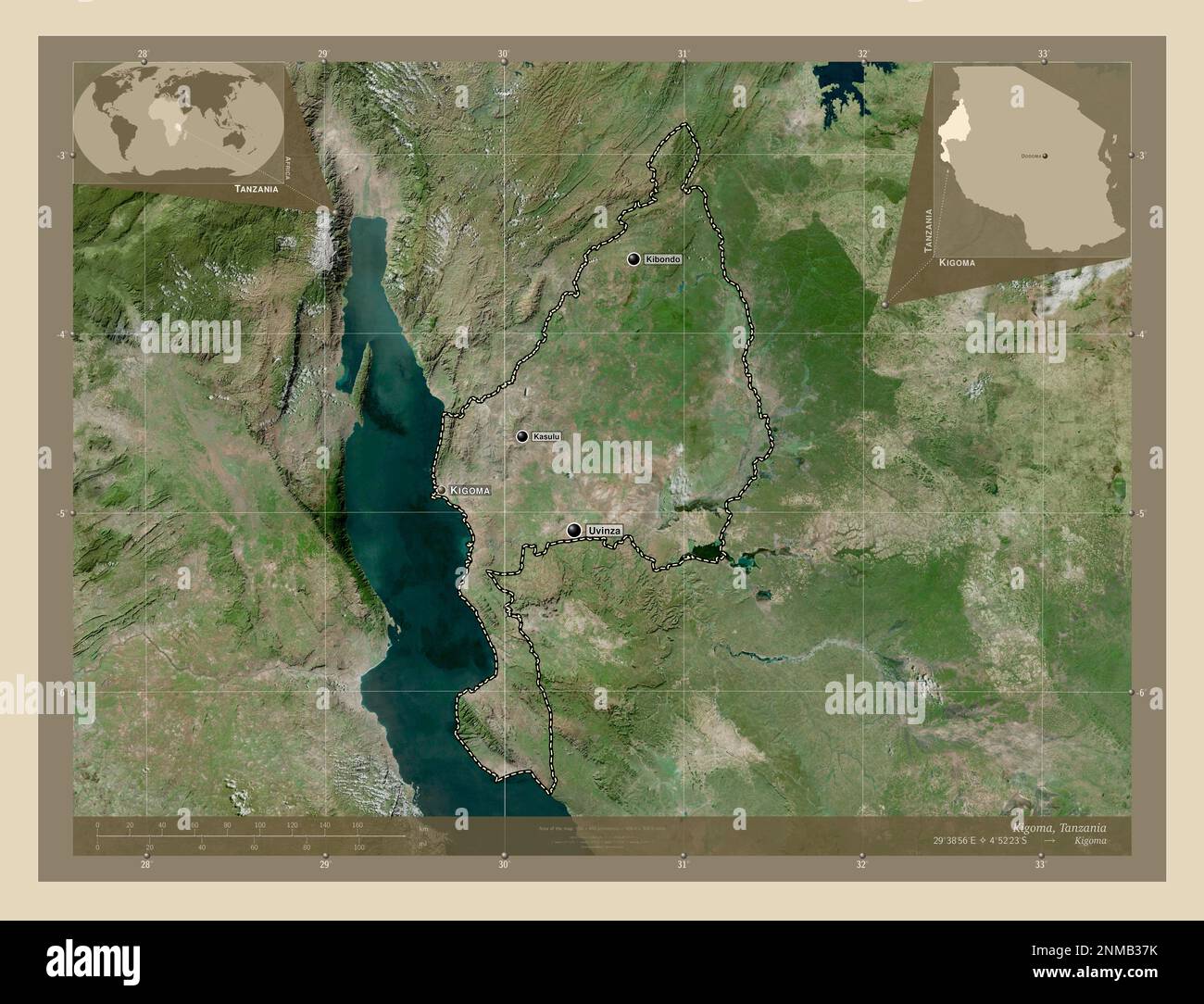 Kigoma, region of Tanzania. High resolution satellite map. Locations ...