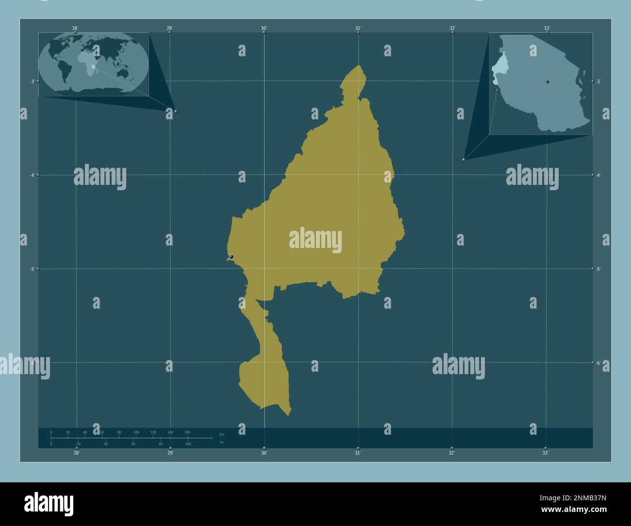 Kigoma, region of Tanzania. Solid color shape. Corner auxiliary ...