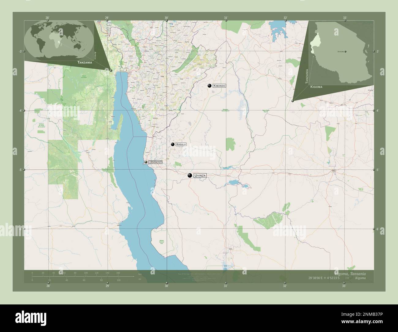 Kigoma, region of Tanzania. Open Street Map. Locations and names of ...