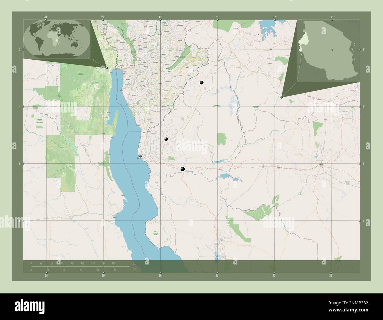 Kigoma, region of Tanzania. Open Street Map. Locations of major cities ...