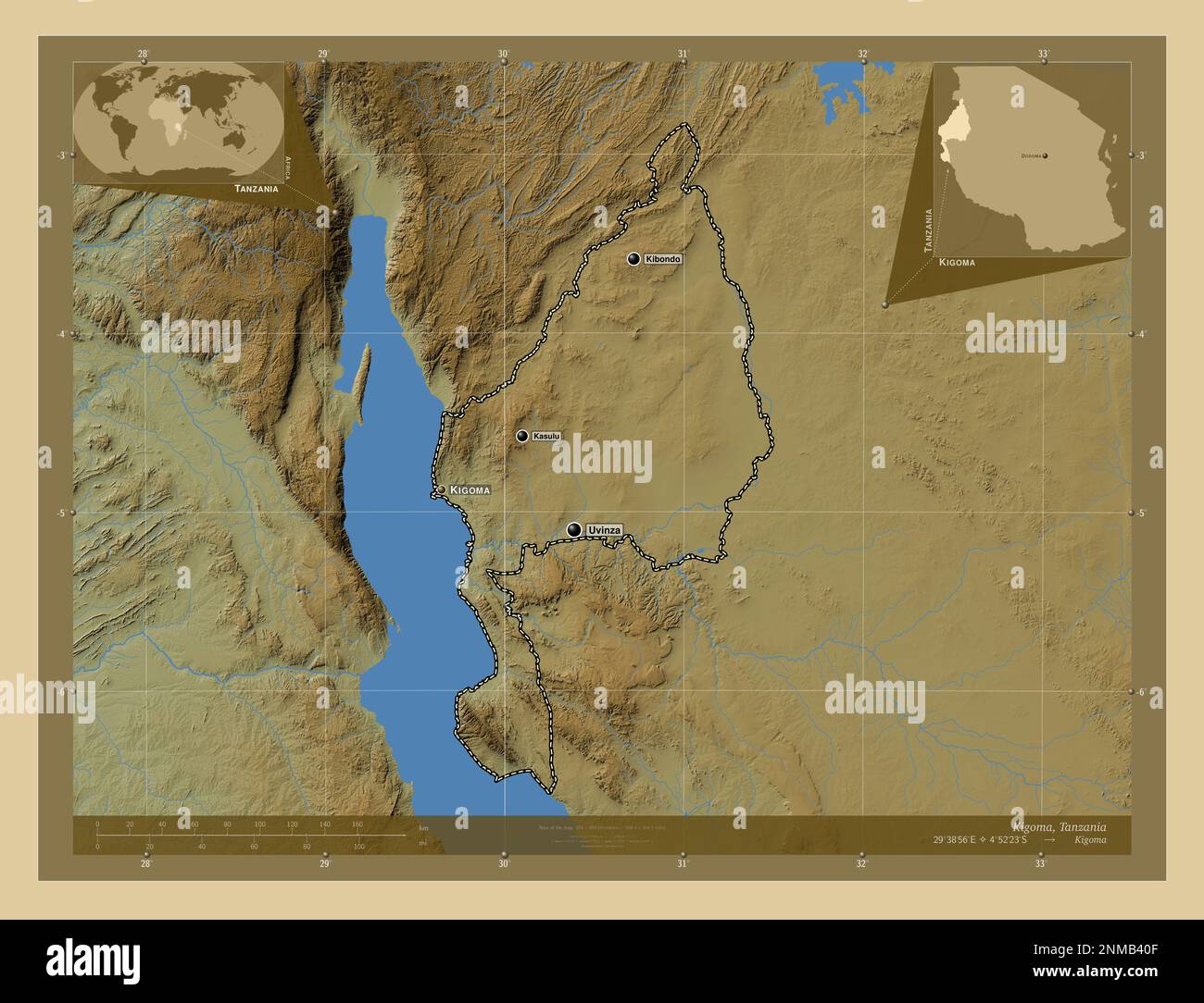 Kigoma, region of Tanzania. Colored elevation map with lakes and rivers ...