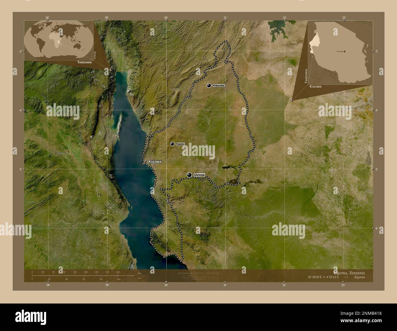 Kigoma, region of Tanzania. Low resolution satellite map. Locations and ...