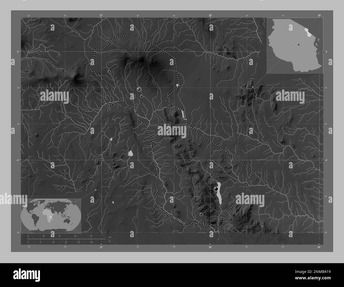 Kilimanjaro, region of Tanzania. Grayscale elevation map with lakes and ...