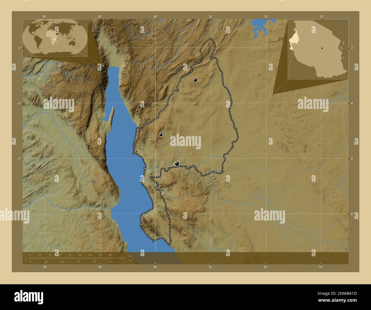 Kigoma, region of Tanzania. Colored elevation map with lakes and rivers ...