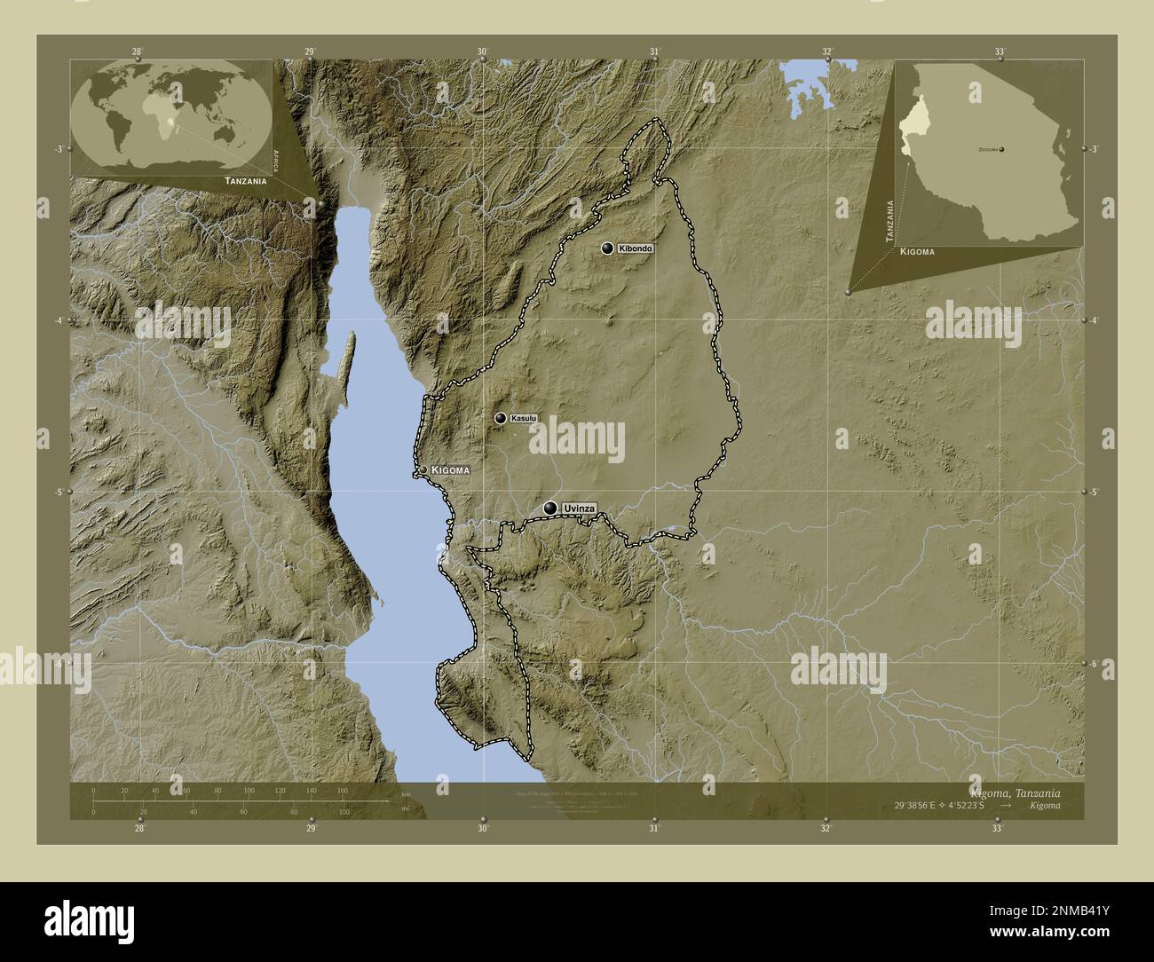 Kigoma, region of Tanzania. Elevation map colored in wiki style with ...