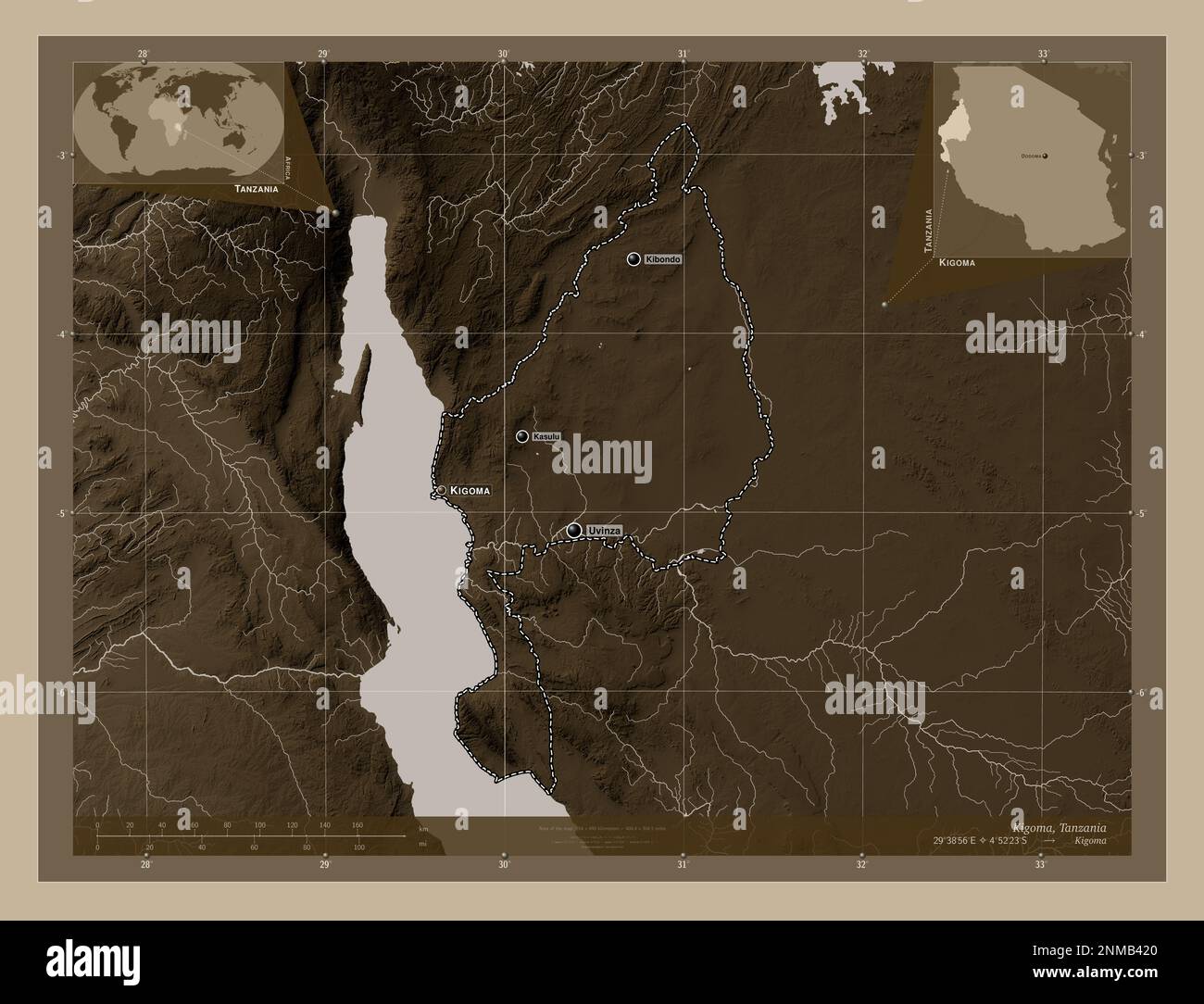 Kigoma, region of Tanzania. Elevation map colored in sepia tones with ...