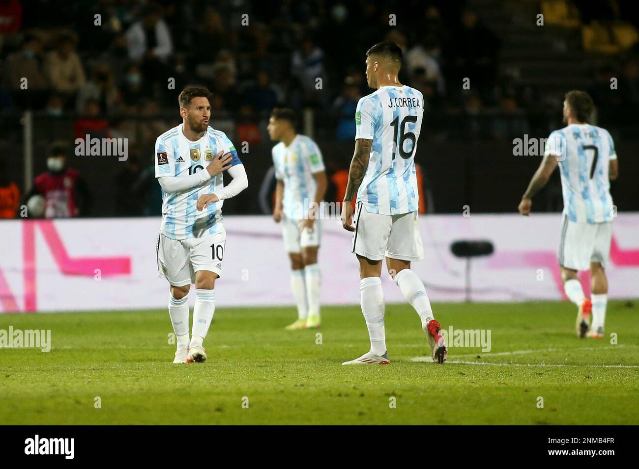 Argentina's Lionel Messi puts on the captain's band during a qualifying ...