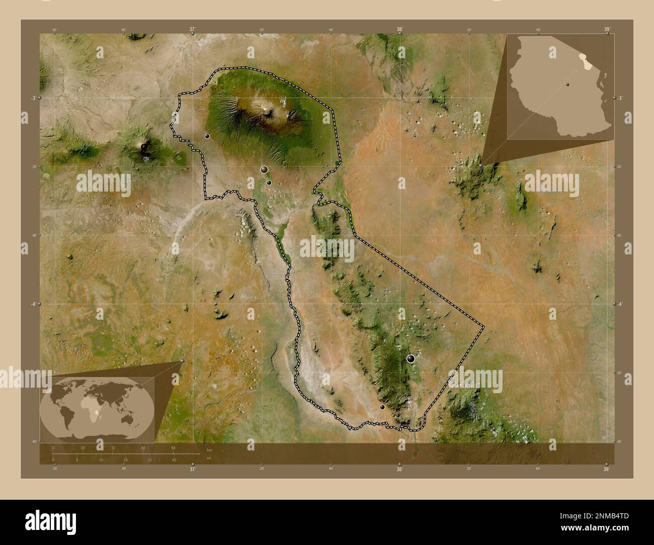 Kilimanjaro, region of Tanzania. Low resolution satellite map ...