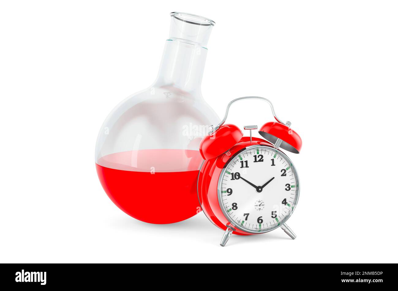 Chemical flask with green liquid with alarm clock, 3D rendering ...