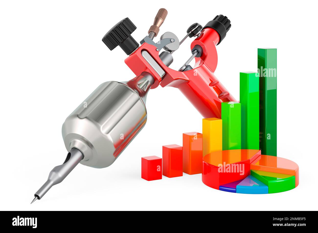 Tattoo machine with growth bar graph and pie chart. 3D rendering ...