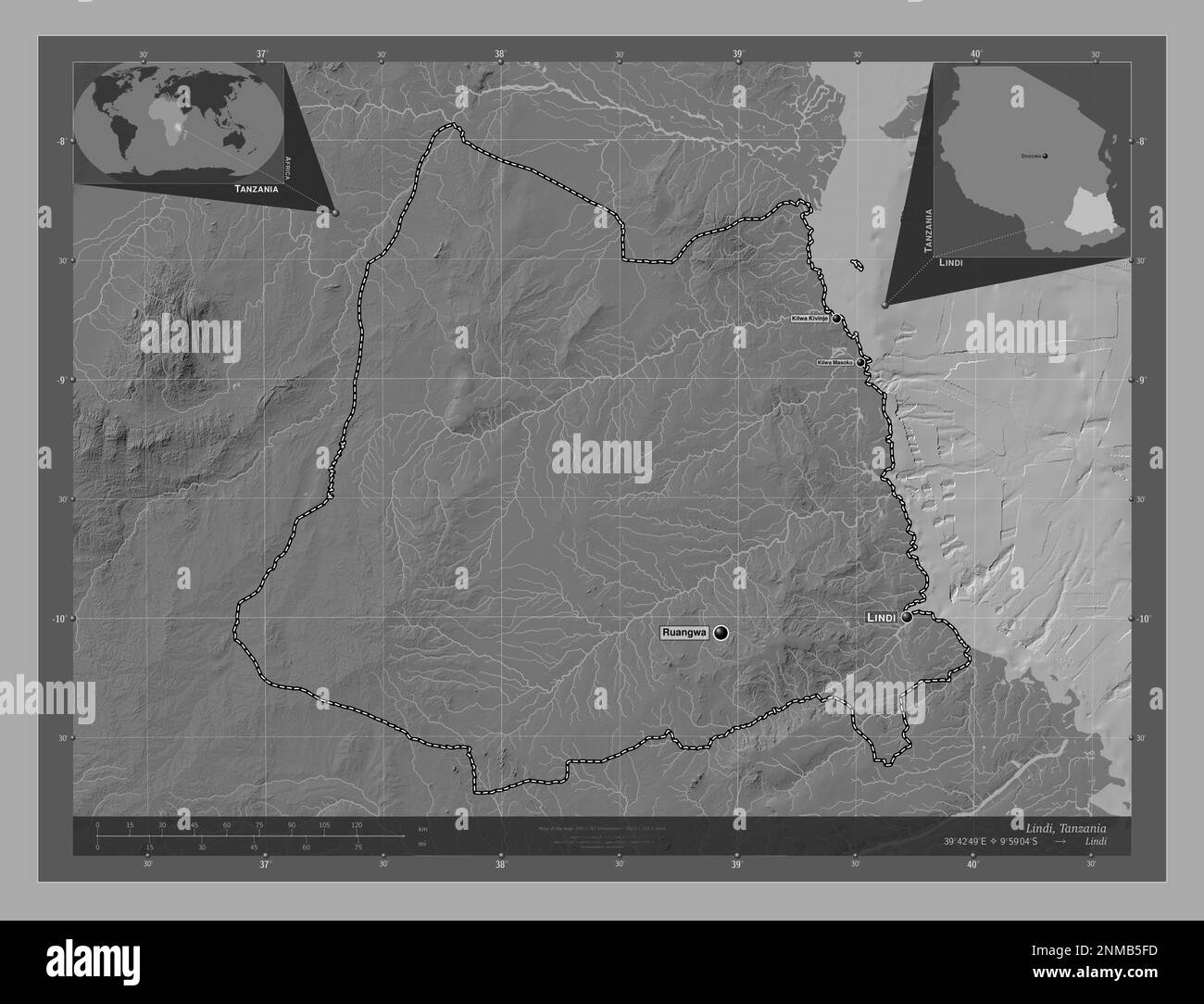 Lindi, region of Tanzania. Bilevel elevation map with lakes and rivers ...