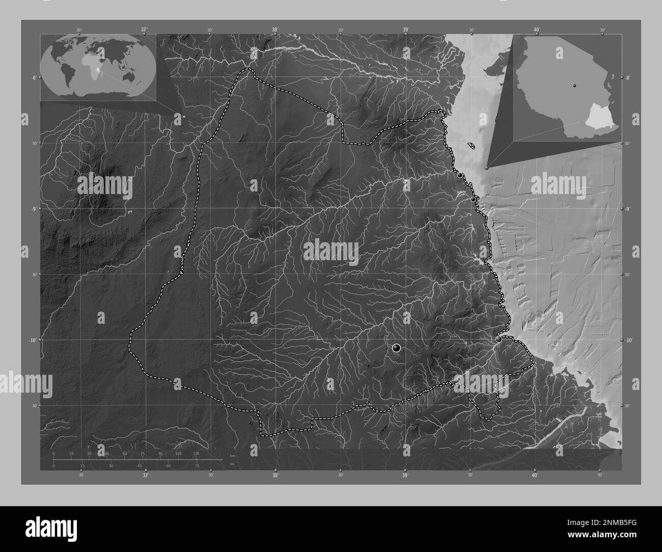 Lindi, region of Tanzania. Grayscale elevation map with lakes and ...