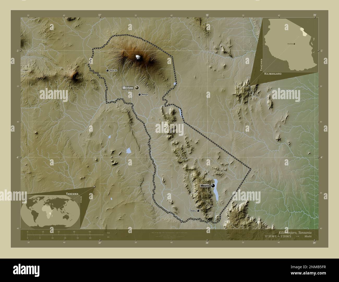 Kilimanjaro, region of Tanzania. Elevation map colored in wiki style ...