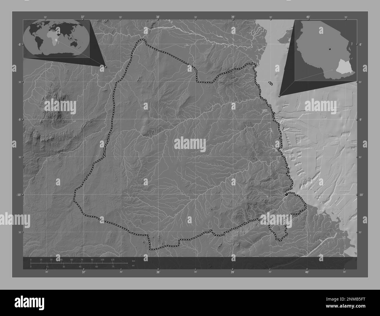 Lindi, region of Tanzania. Bilevel elevation map with lakes and rivers ...
