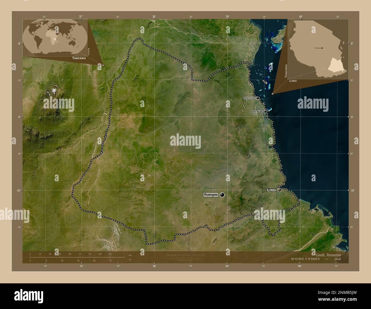 Lindi, region of Tanzania. Low resolution satellite map. Locations and ...