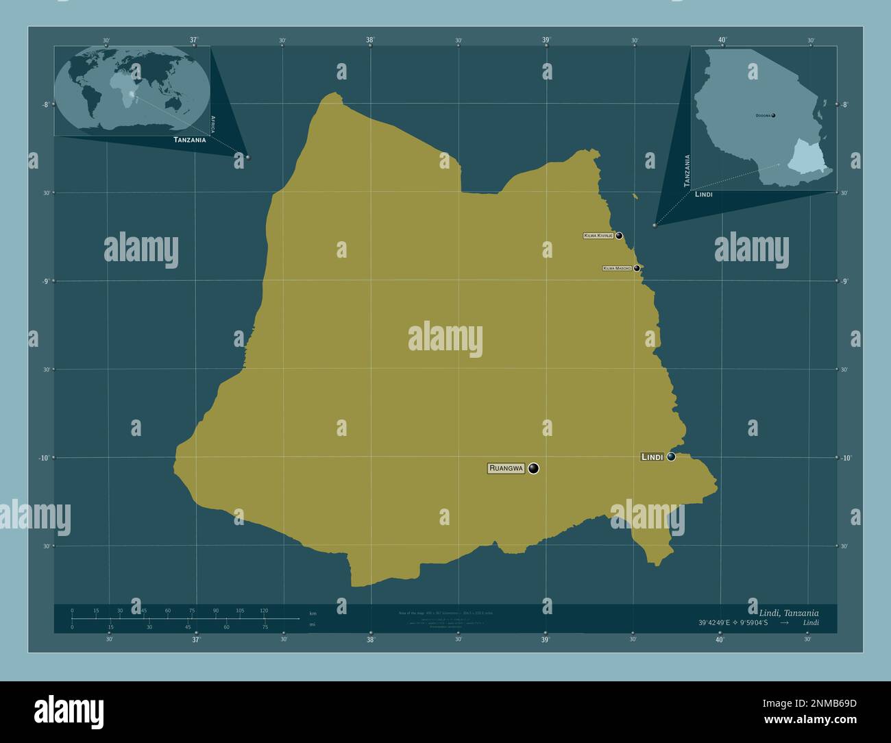 Lindi, region of Tanzania. Solid color shape. Locations and names of ...